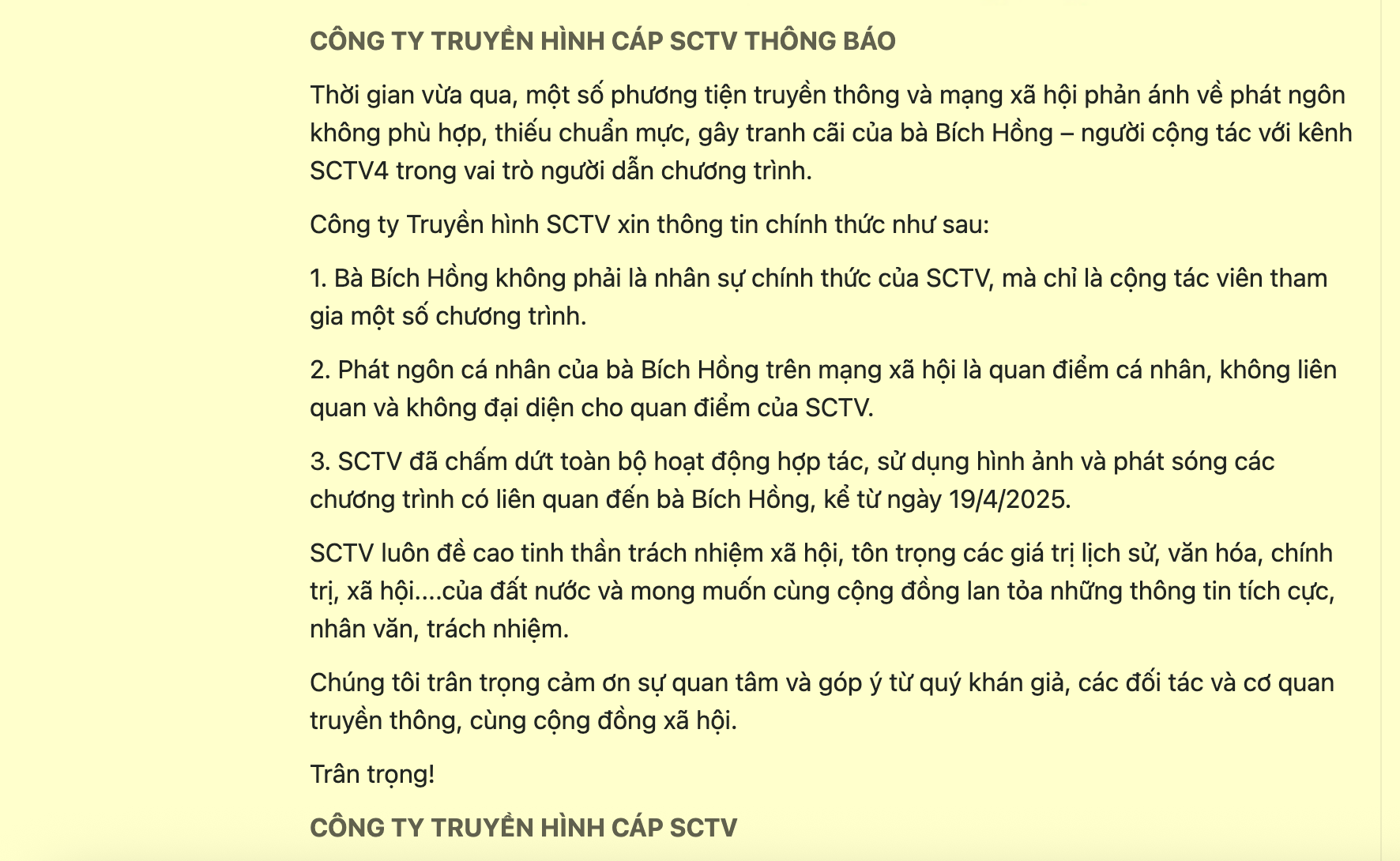 Đài SCTV4 cấm sóng 1 MC vì phát ngôn sai về diễu binh, diễu hành